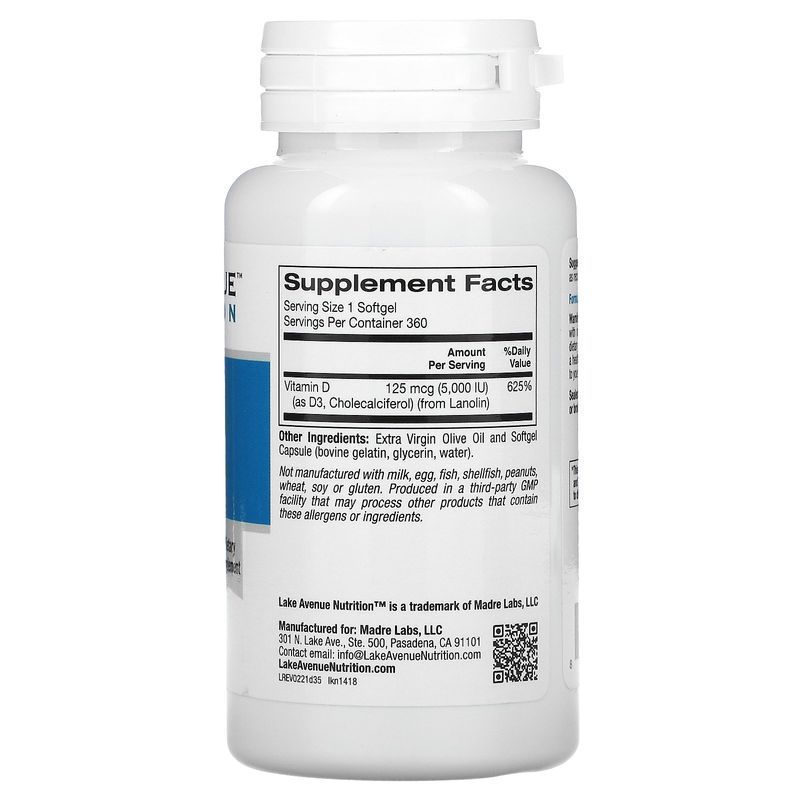 Витамин Д3, Д-3, Vitamin D-3, D3, Lake Avenue Nutrition, 5000 МЕ, 360 ...
