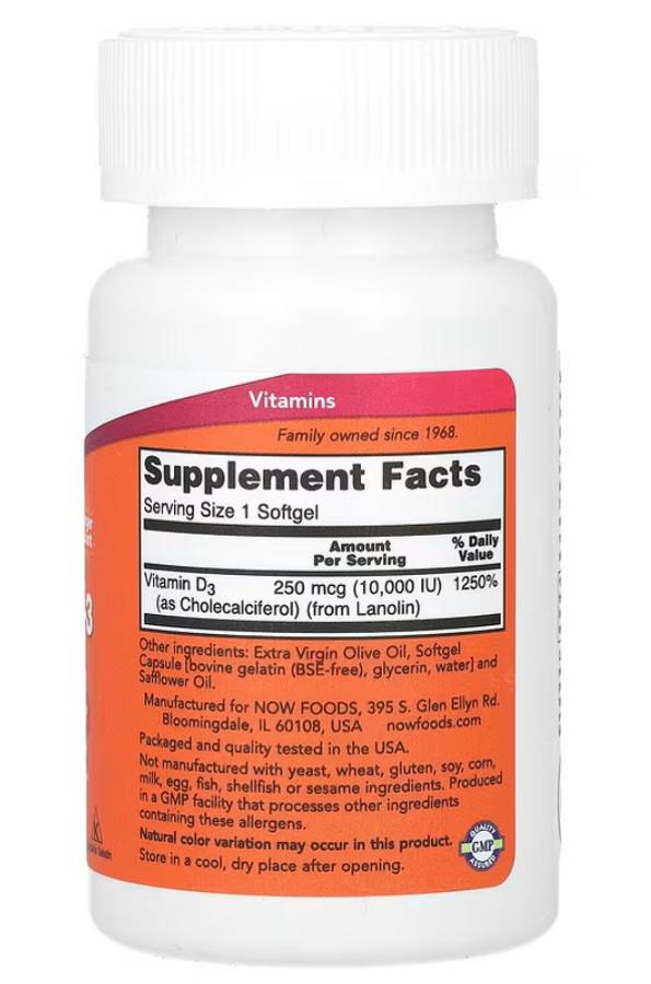 Витамин Д-3, Д3, Vitamin D-3, D3, Now Foods, 10 000 МЕ, 240 капсул